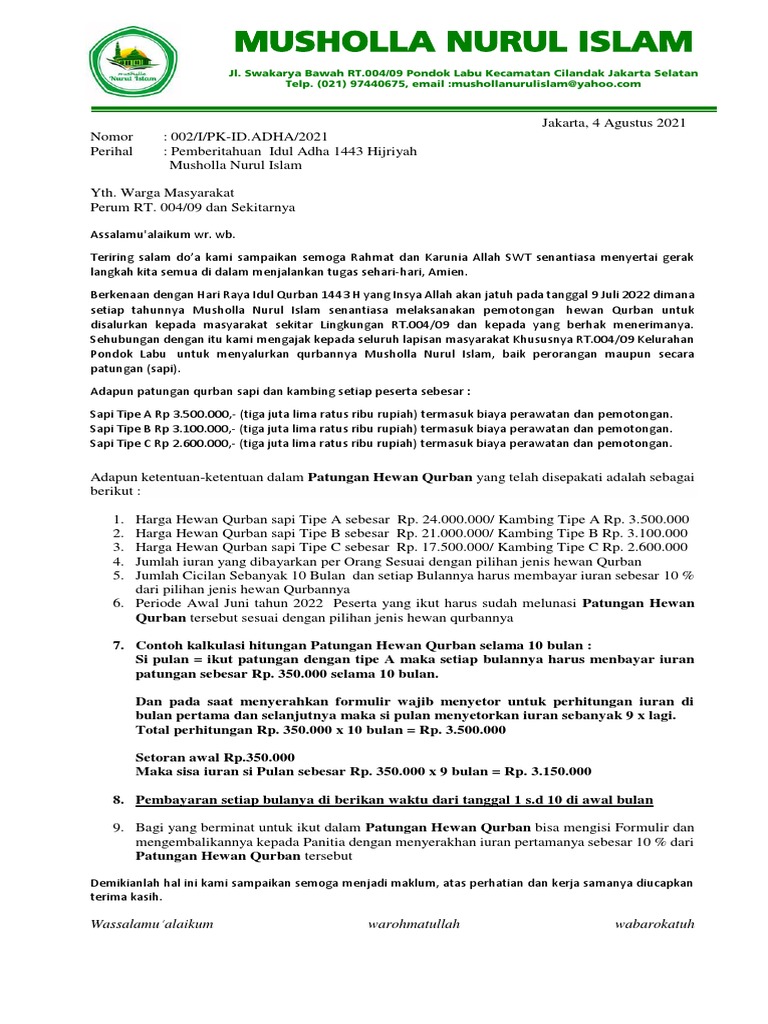 Pemberitahuan Patungan Qurban 2022 | PDF