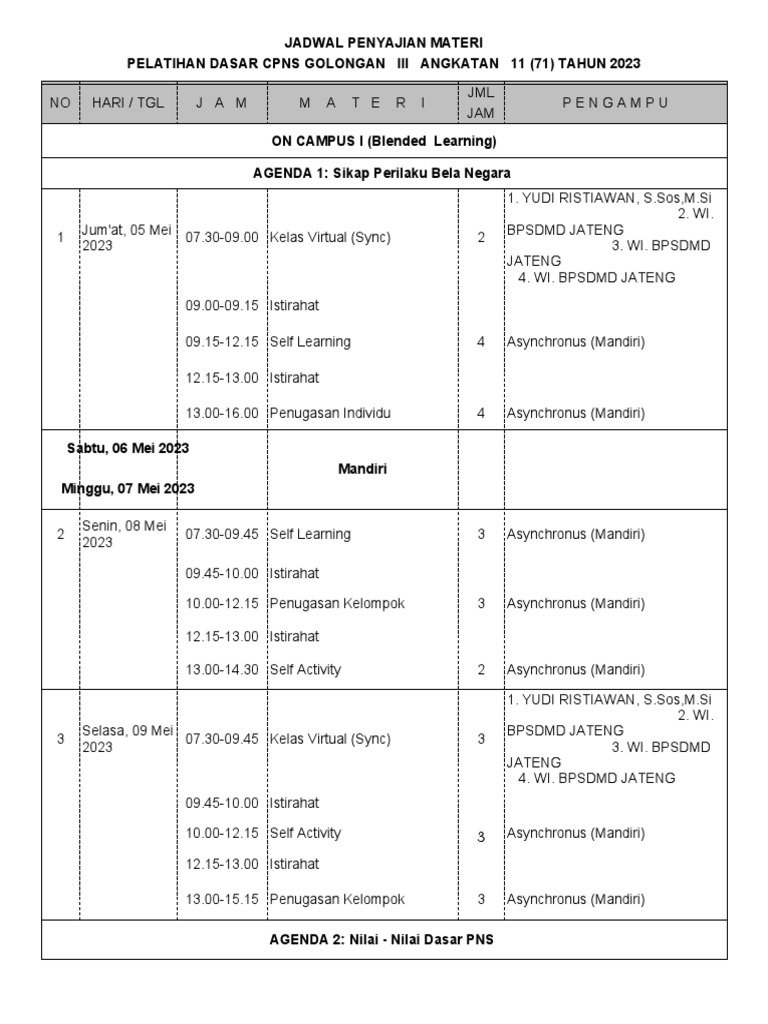 Jadwal Latsar Blended 11 Perubahan-1 | PDF