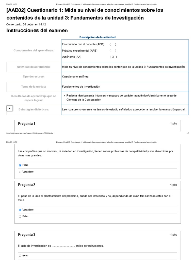 Examen - (AAB02) Cuestionario 1 - Mida Su Nivel de Conocimientos Sobre Los Contenidos de La ...