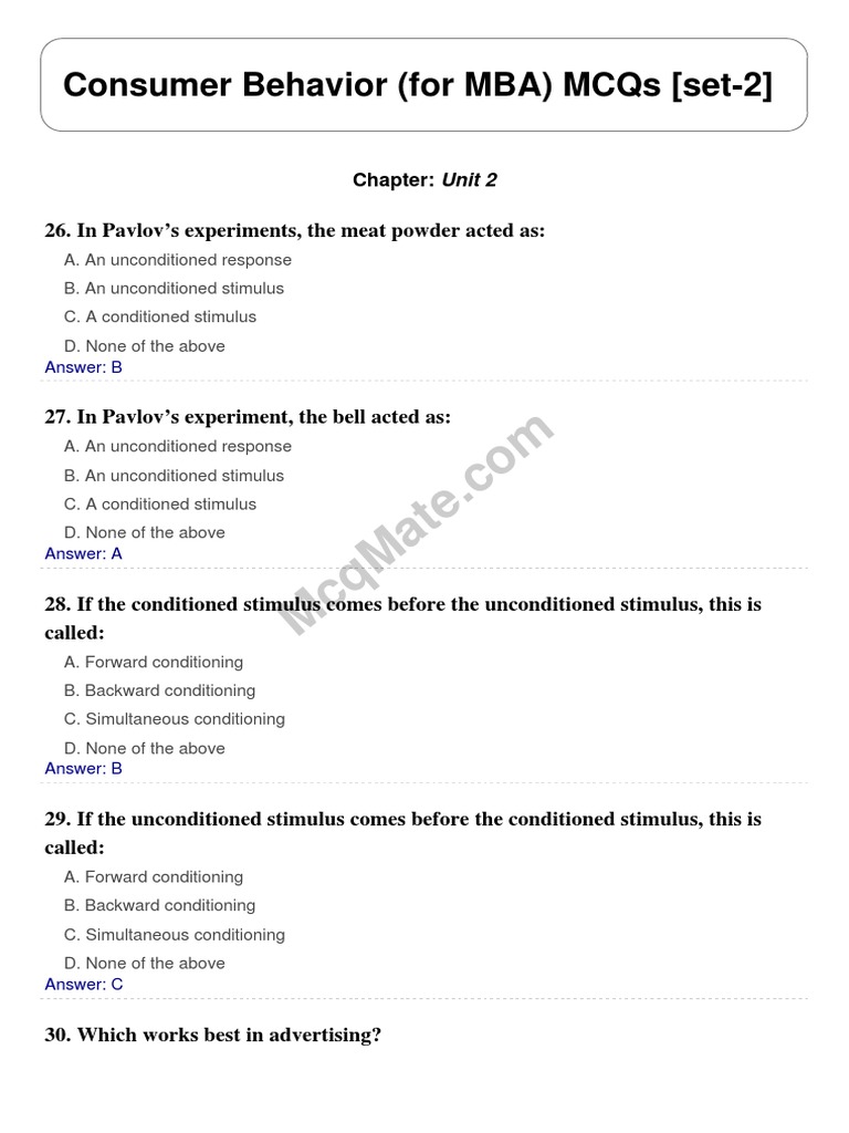 Consumer Behavior (For MBA) (Chapter - Unit 2) Solved MCQs (Set-2 ...