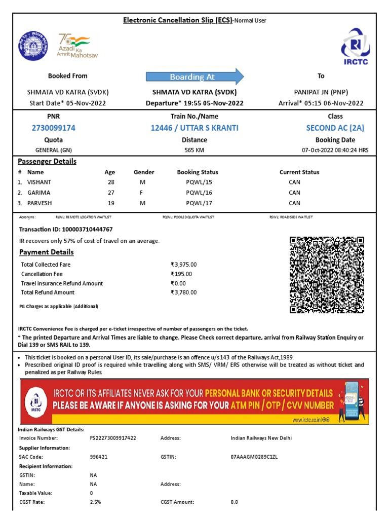 Ticket Cancellation Katra To Panipat 3 Ticket | Download Free PDF | Identity Document