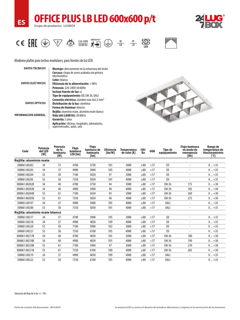 LUG OFFICE PLUS LB LED 600x600 P T ES | PDF | Diodo emisor de luz | Diseño de interiores