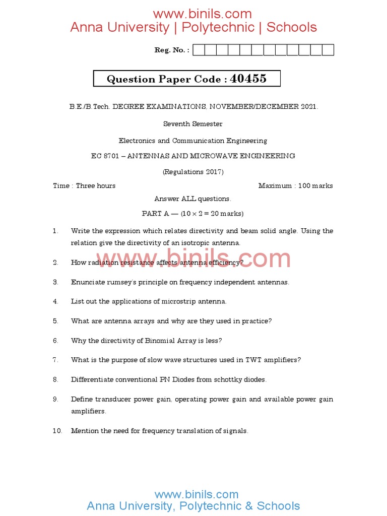 EC8701 Antennas & Microwave Exam Paper | PDF | Antenna (Radio) | Amplifier