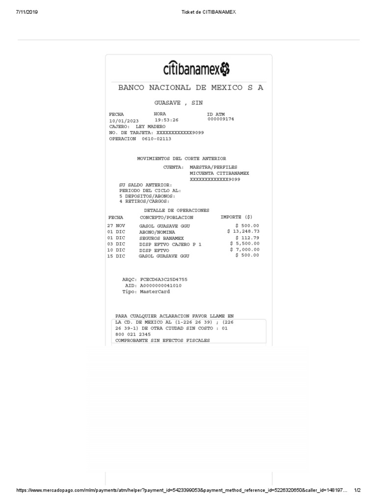 Ticket de Citibanamex | PDF | Tecnología bancaria | Bancario
