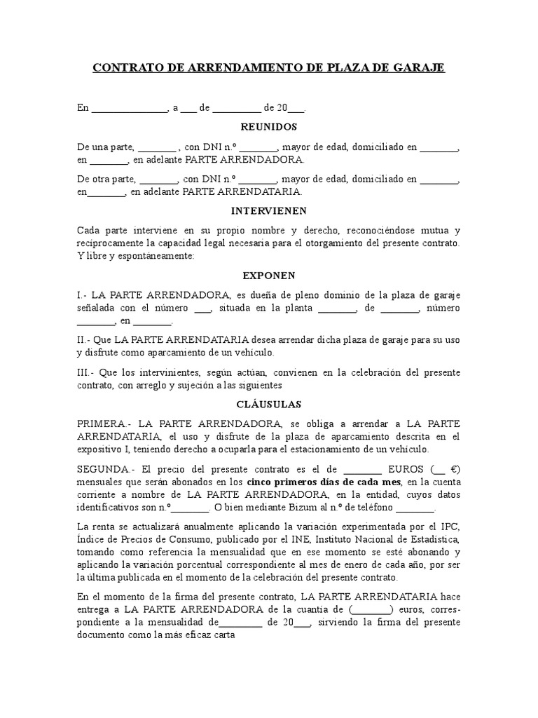 Contrato Garaje Genérico España Pág. 1 | PDF