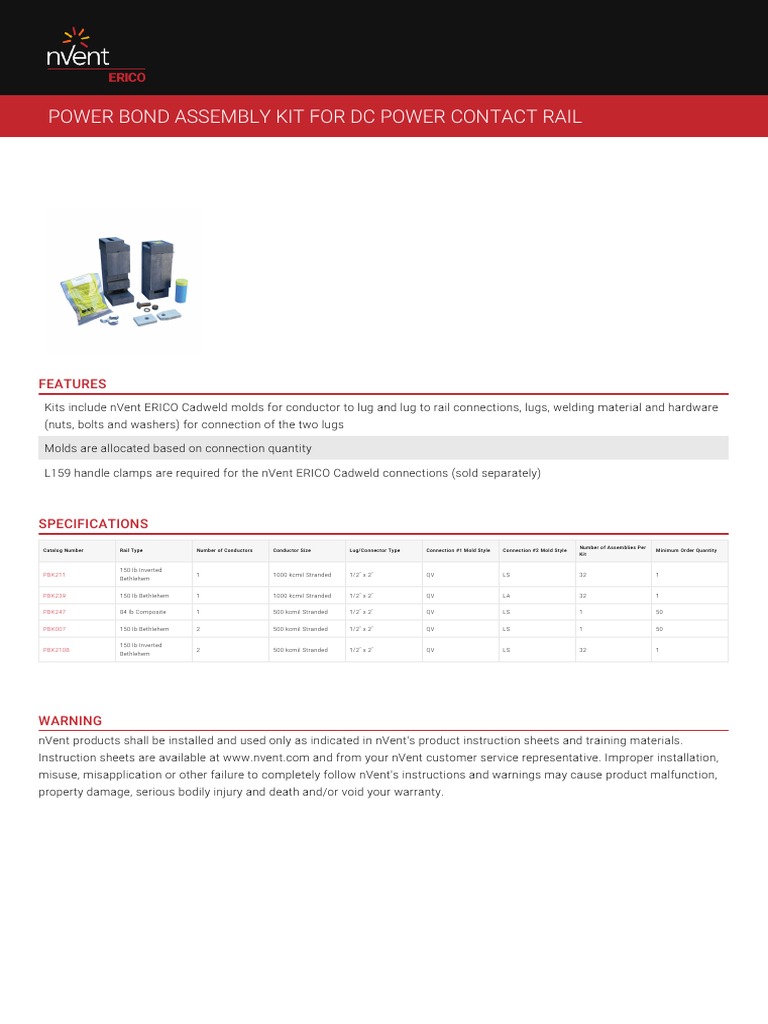 Nvent ERICO Power Bond Assembly Kit For DC Power Contact Rail | PDF ...