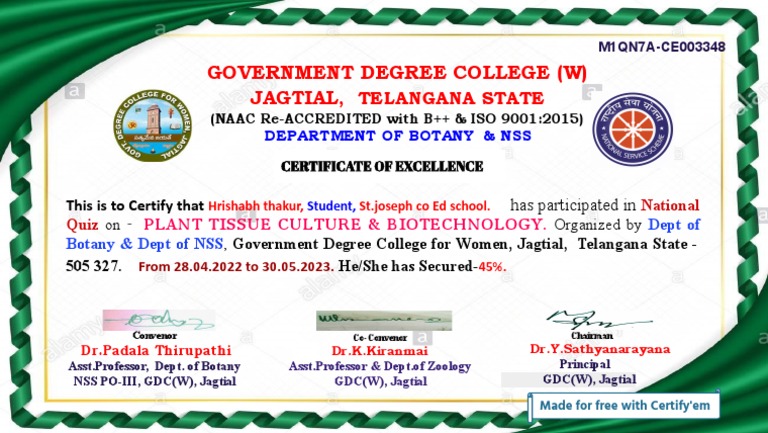 Certificate For Hrishabh Thakur For - NATIONAL LEVEL QUIZ On TISS... | PDF