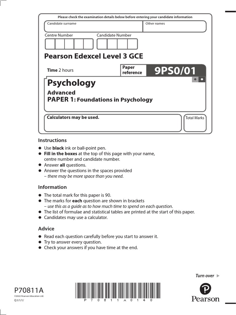 A Level Psychology Paper 1 QP | Download Free PDF | Spearman's Rank ...