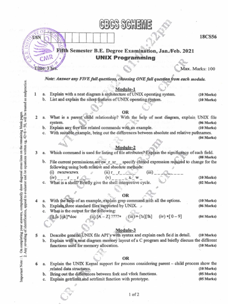 VTU Question Paper of 18CS56 Unix Programming Jan-2021 | PDF