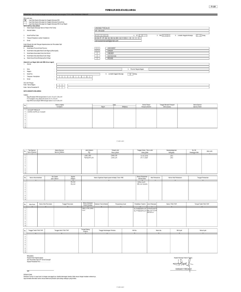 F1 01 Formulir Biodata Keluarga | PDF