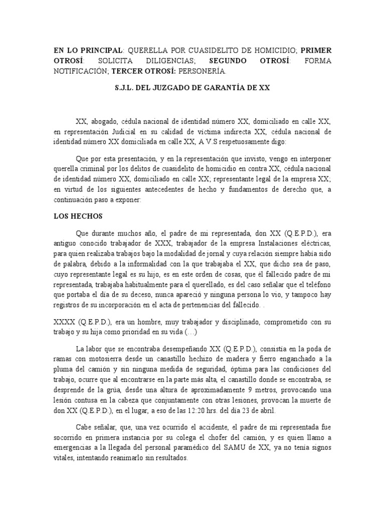 Querella Penal Por Homicidio | Descargar gratis PDF | Queja | Derecho penal