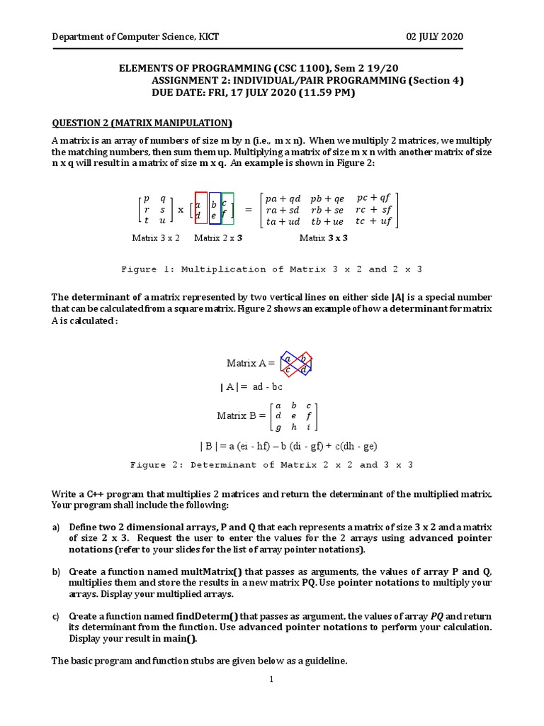 CSCI 1300 ASSIGNMENT 2 - SECTION 4 Sem 2 1920 | PDF | Matrix (Mathematics) | Pointer (Computer ...
