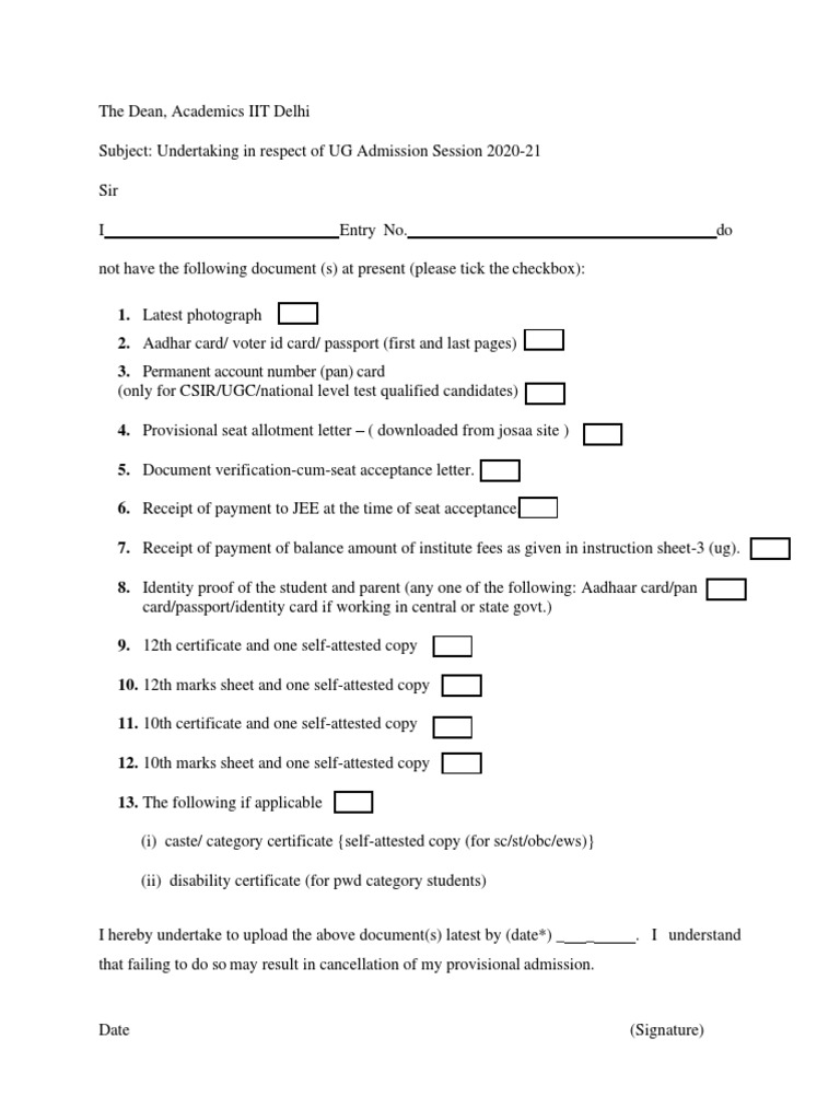 IIT Delhi UG Admission Undertaking Form | PDF