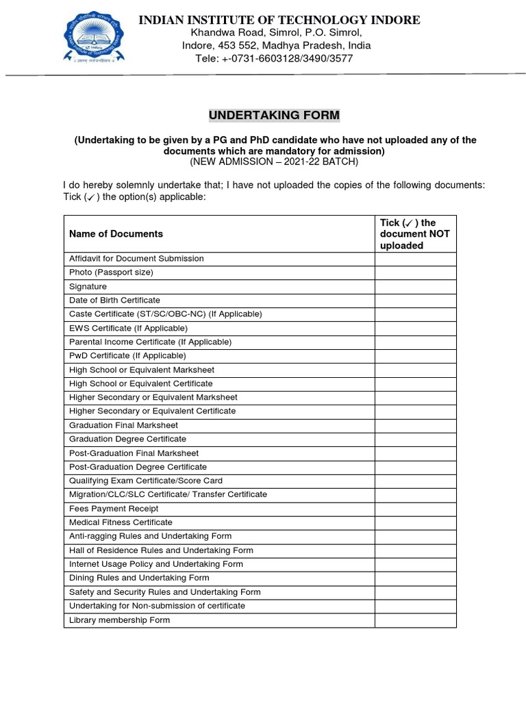 Undertaking for Document Submission | PDF | University And College ...
