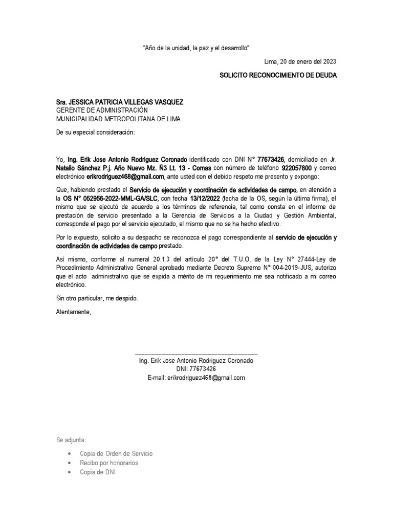 Carta Reconocimiento de Deuda - Erik Rodriguez Coronado | PDF