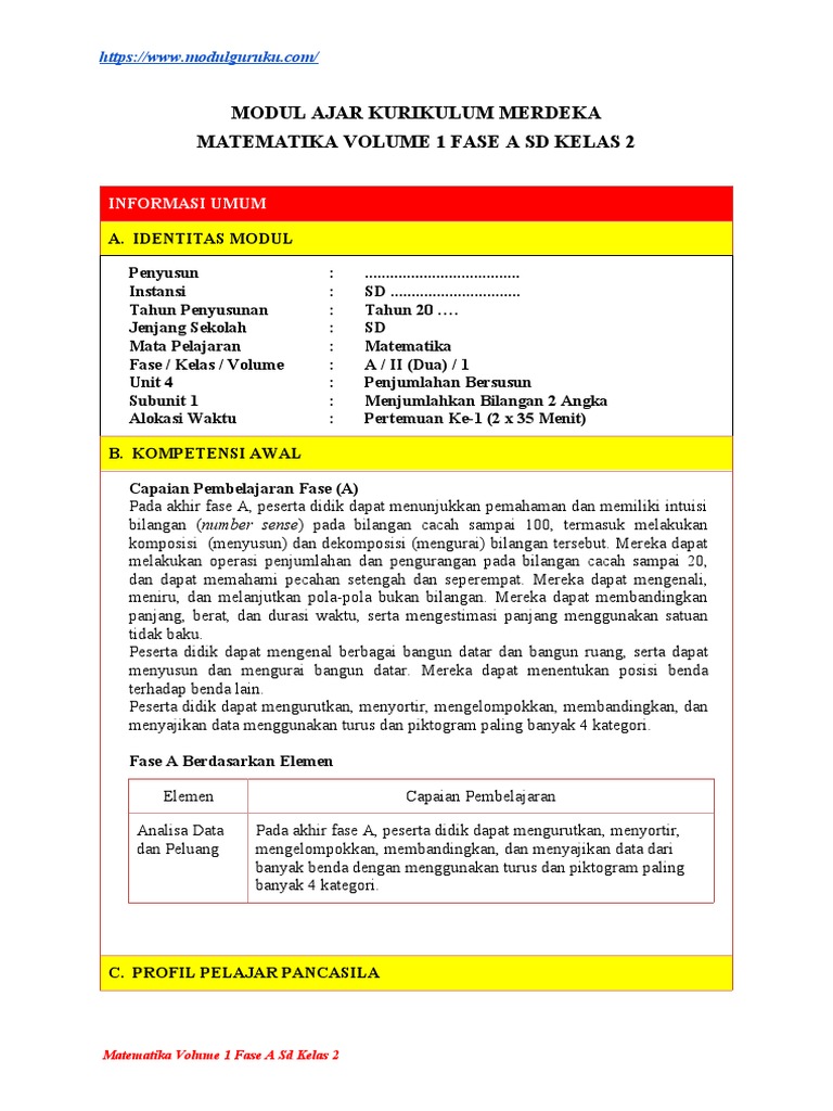 Modul Ajar Matematika Kelas 2 Bab 4 Kurikulum Merdeka | PDF