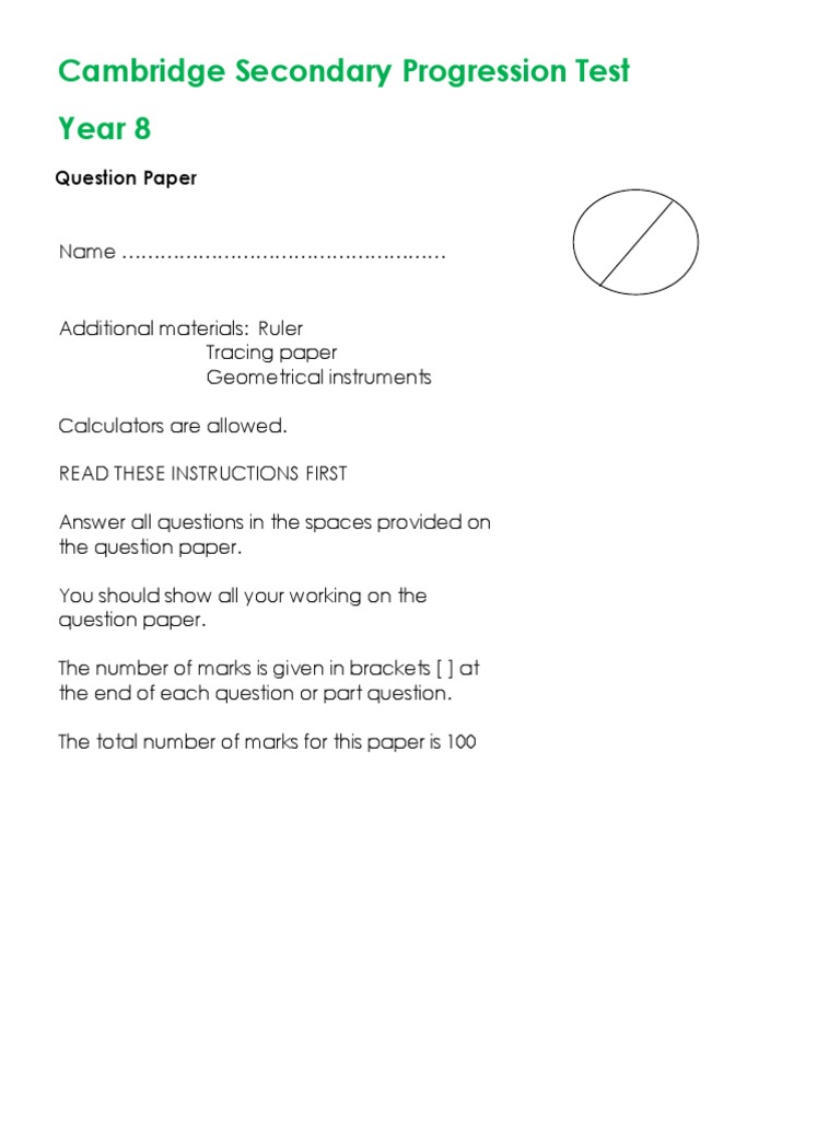 Year 8 Cambridge Math Progression Test | PDF | Elementary Mathematics ...
