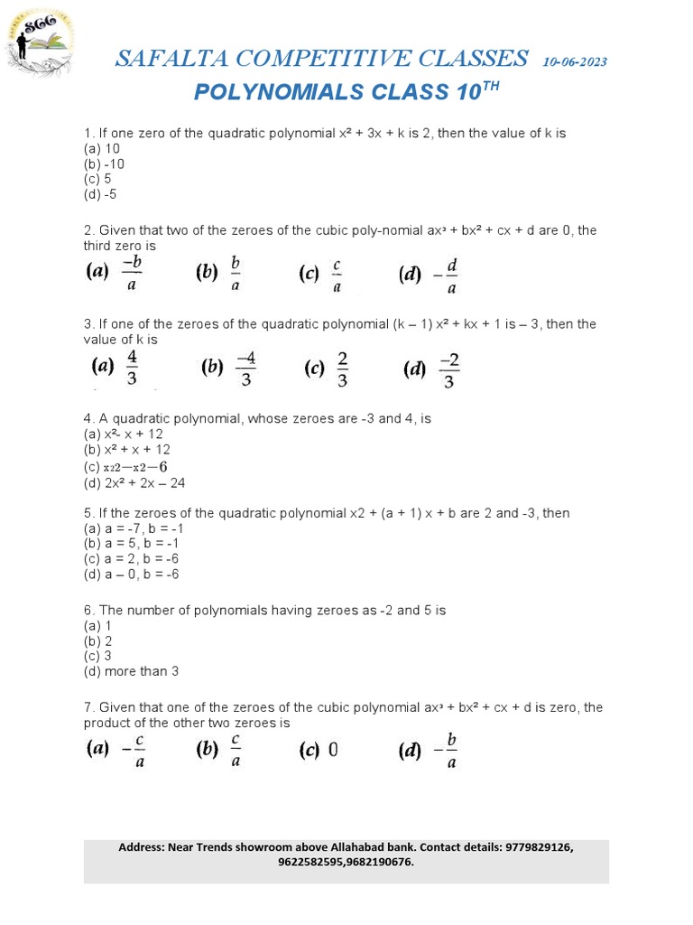 Polynomials Class 10TH | PDF | Quadratic Equation | Polynomial