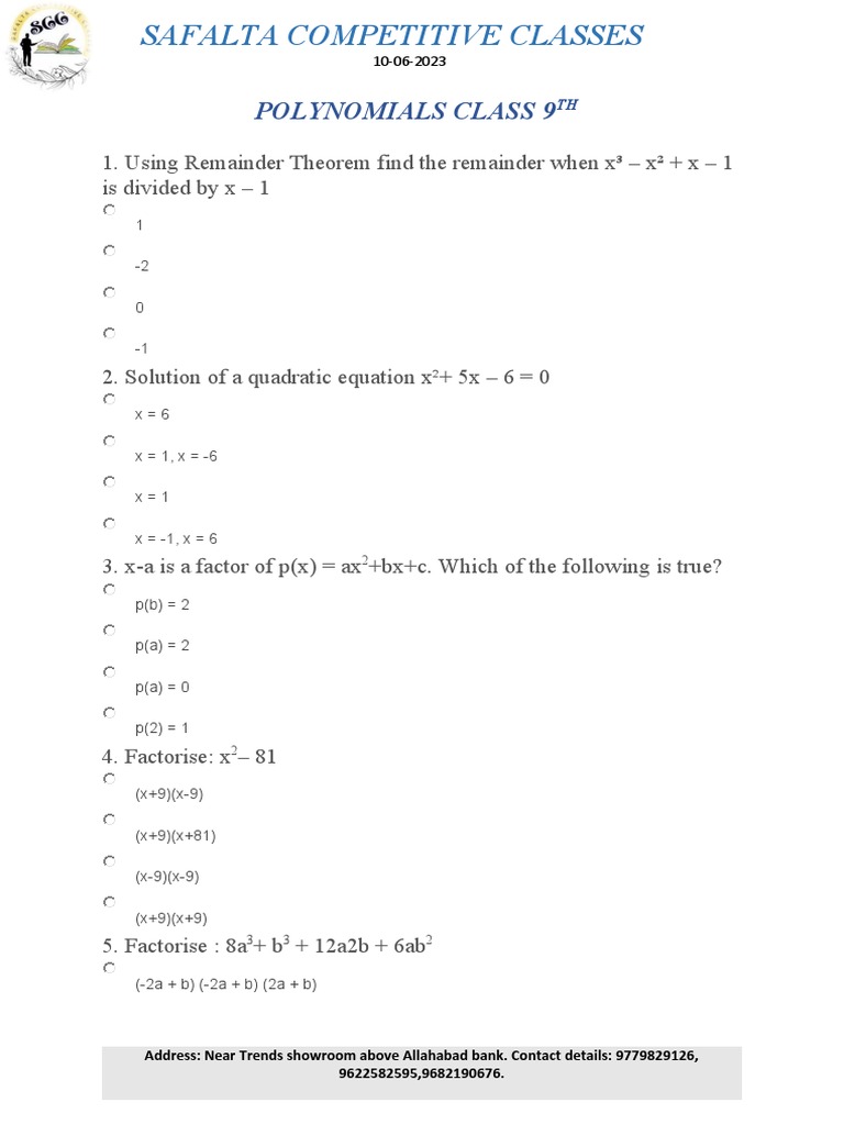 Polynomials Class 9TH | PDF | Factorization | Abstract Algebra
