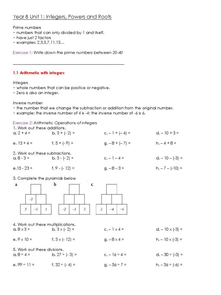 ICGSE Y8 Unit 1 Integers Powers and Roots | PDF | Numbers | Mathematics