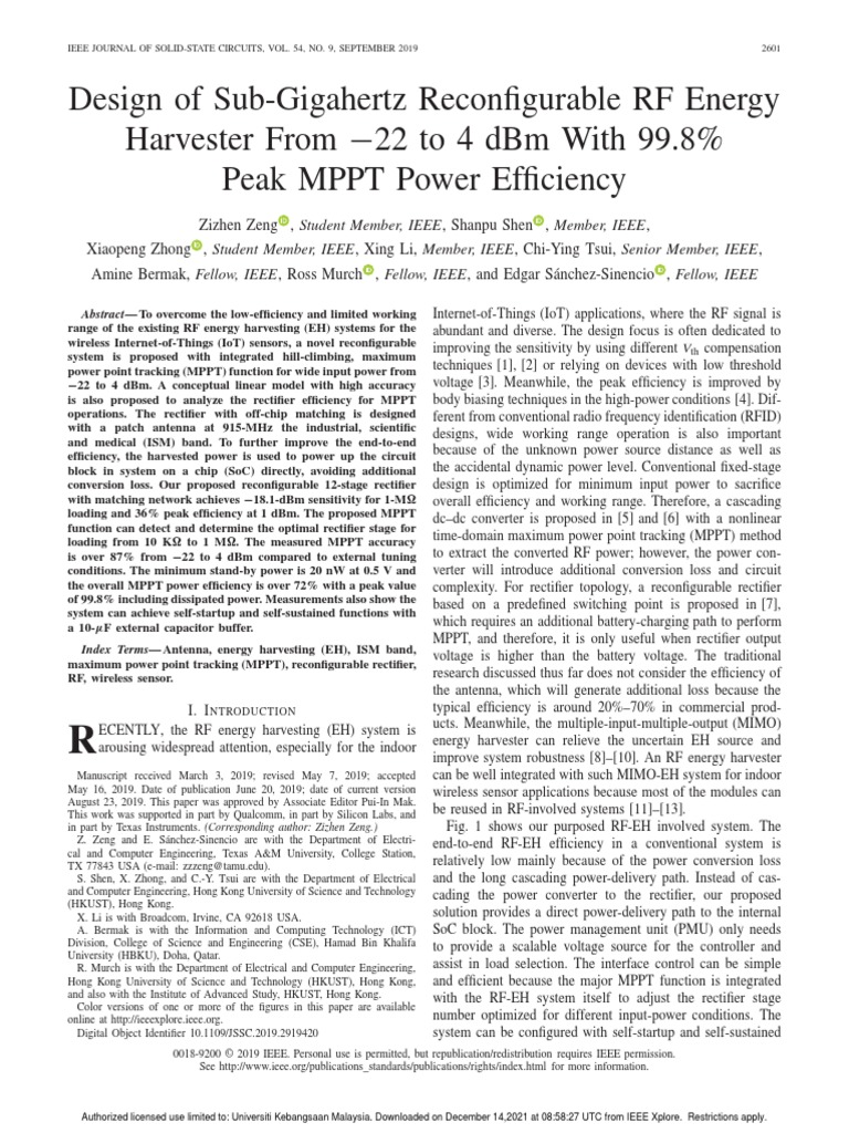 Design of Sub-Gigahertz Reconfigurable RF Energy Harvester From 22 To 4 ... Design of Sub-Gigahertz Reconfigurable RF Energy Harvester From 22 To 4 ...