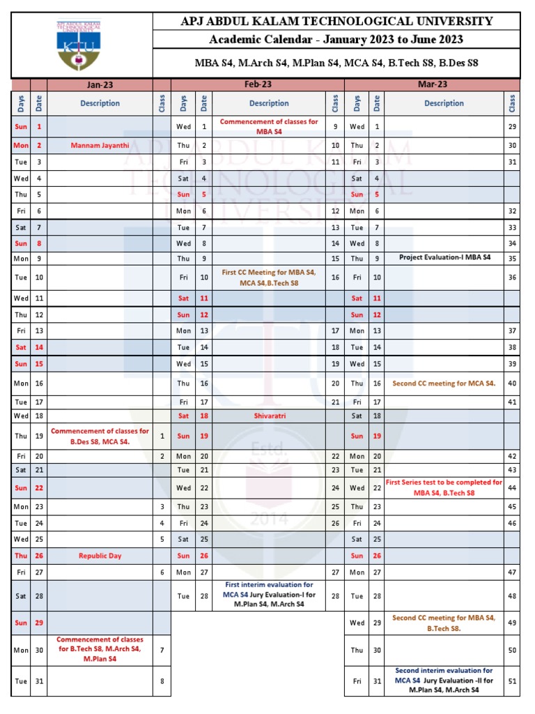 AcademicCalendarMBAS4, M ArchS4, M PlanS4, MCAS4, B TechS8, B DesS8 | PDF | Educational ...
