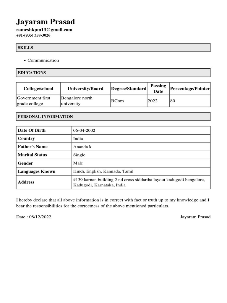 Jayaram Prasad - Resume Overview | PDF