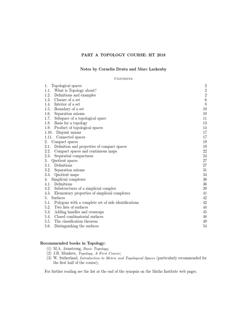 Topology Oxford Notes Pdf Continuous Function Limit Mathematics