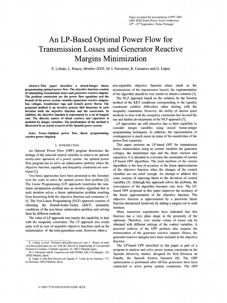 An Lp Based Optimal Power Flow For Transmission Losses And Generator Reactive Margins 9955