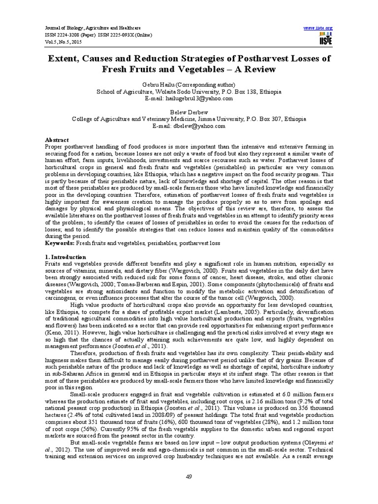Extent, Causes and Reduction Strategies of Postharvest Losses of Fresh ...