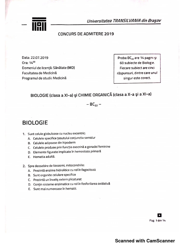 Subiecte - Barem Admitere Brașov 2019 | PDF