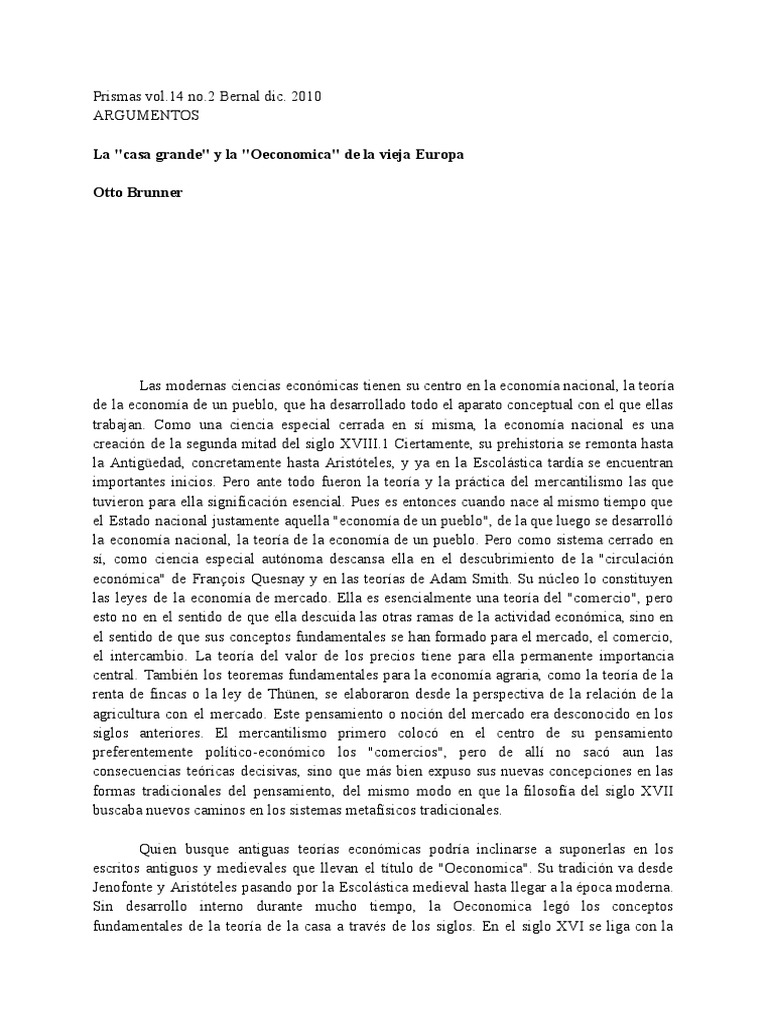 La Casa Grande y La Oeconómica de La Vieja Europa - Otto Brunner | PDF ...