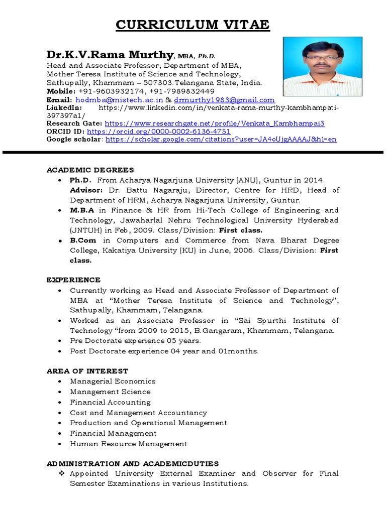 DR Murthy CV 14.09.2022 | PDF | Tamil Nadu | Business