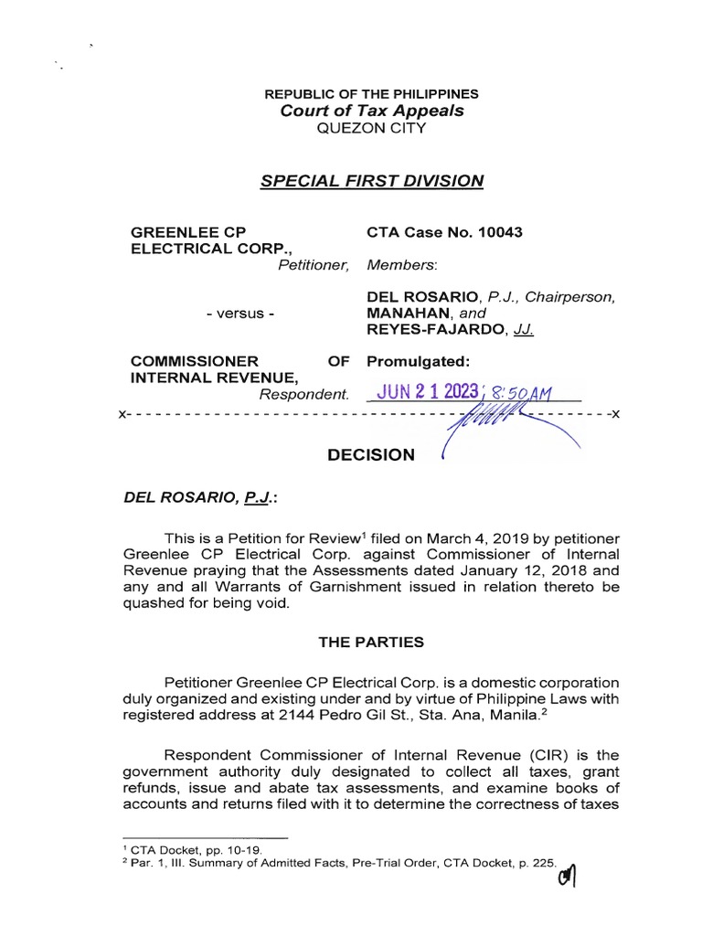 Court of Tax Appeals: Greenlee CP CTA Case No. 10043 Electrical Corp ...