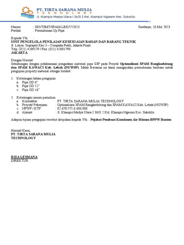 Permohonan Uji Pipa Gip Spam Lebak | PDF