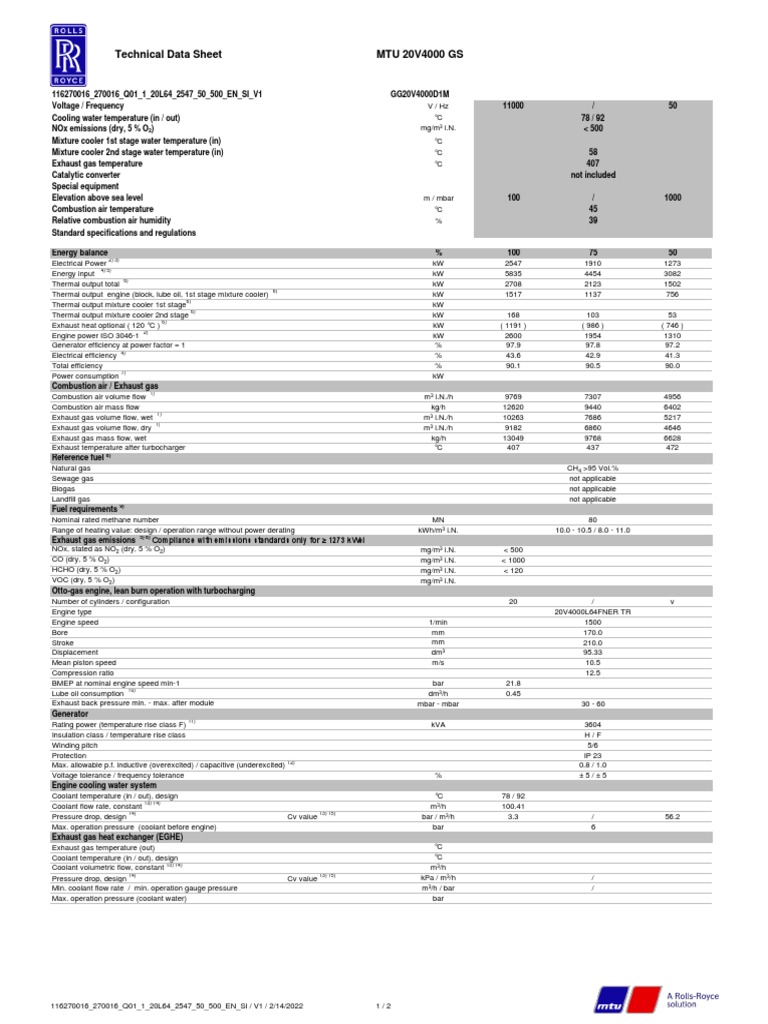 MTU 20V4000 L64 Technical Data Sheet | PDF | Engines | Coolant