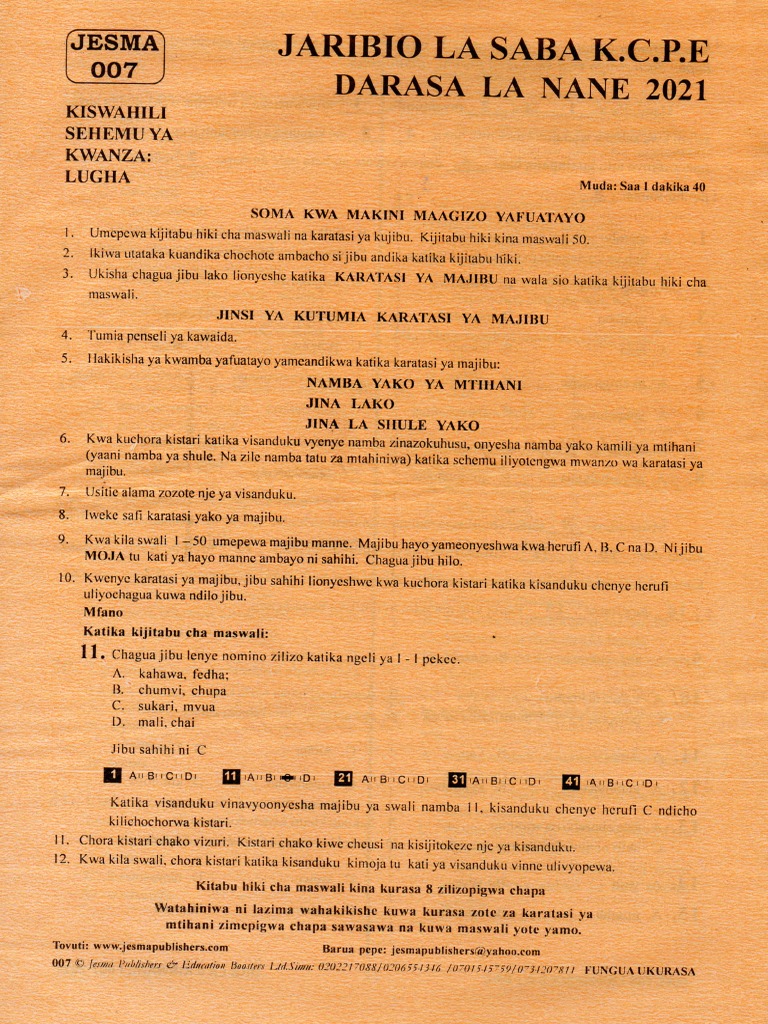 KISWAHILI STD 8 JESMA 007 Teacher - Co - .Ke | PDF