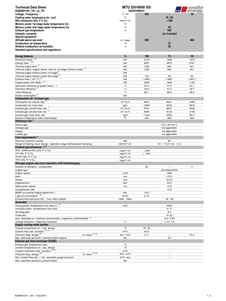 MTU 20V4000 GS Engine Specifications | PDF | Engines | Physical Quantities