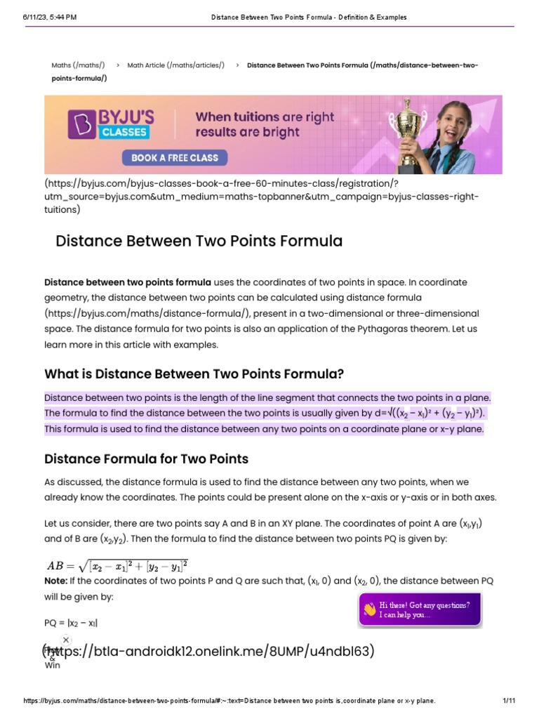Distance Between Two Points Formula - Definition & Examples | PDF ...