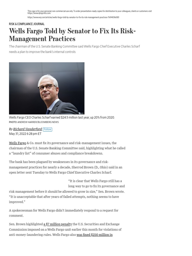 351 Wells Fargo Told by Senator To Fix Its Risk-Management Practices ... 351 Wells Fargo Told by Senator To Fix Its Risk-Management Practices ...