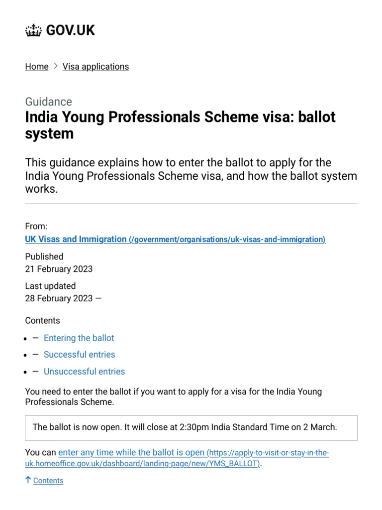 India Young Professionals Scheme Visa - Ballot System - GOV - UK | PDF | Travel Visa | Immigration