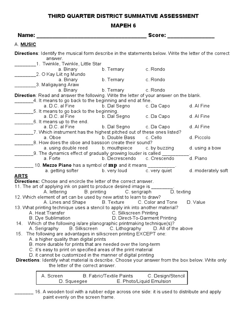 3rd SUMMATIVE MAPEH 6 | PDF | Printmaking
