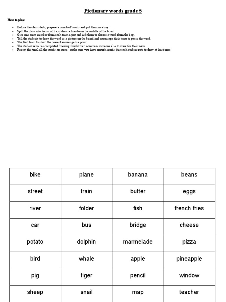 Pictionary Words Grade 5 | PDF
