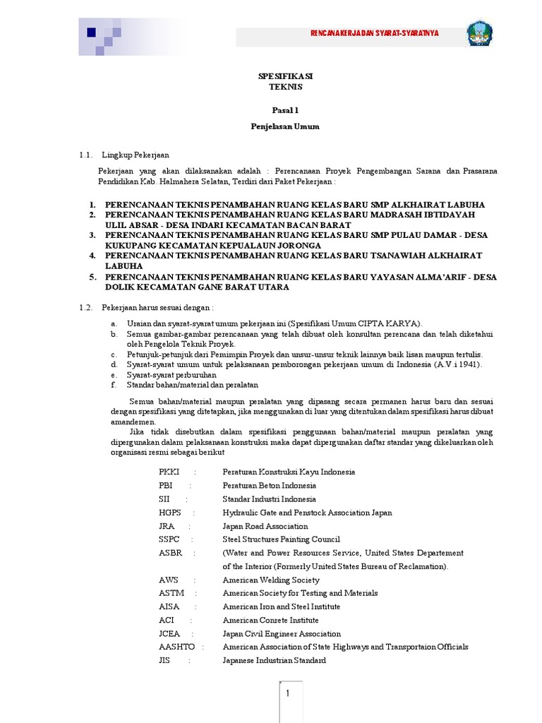 RKS Perencanaan Teknis Penambahan Ruang Kelas Baru (SMP Tersebar) | PDF