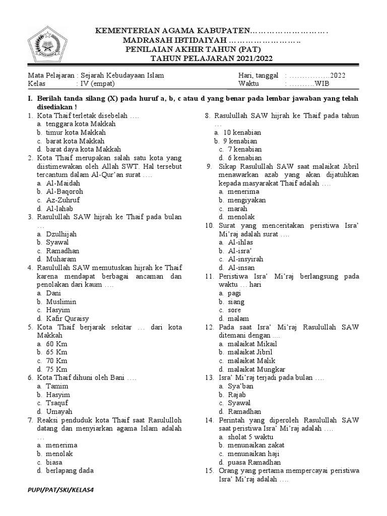 Soal PAT SKI Kelas 4 | PDF
