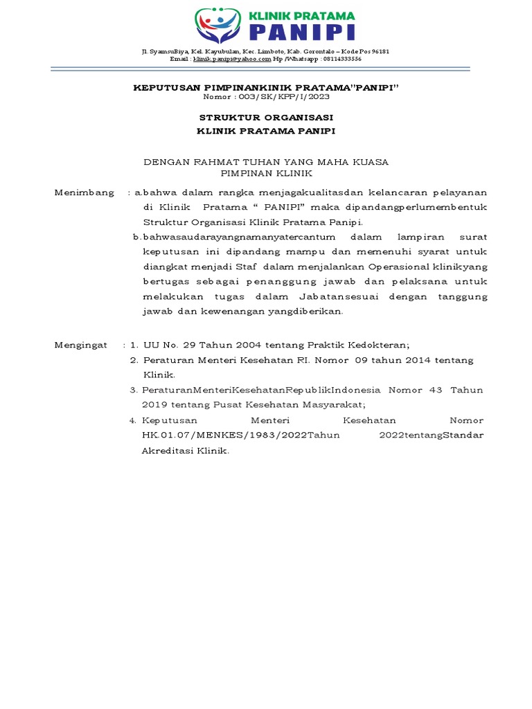 SK Struktur Organisasi Klinik Panipi | PDF | Pengembangan Diri ...