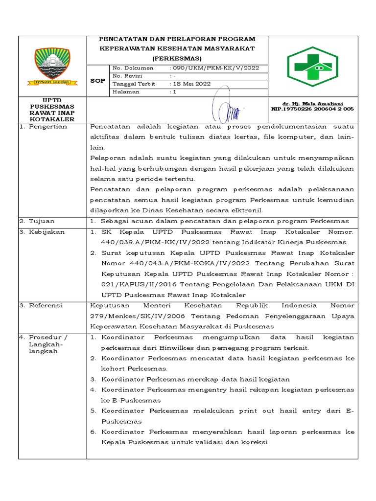 Sop Pencatatan Dan Pelaporan Perkesmas | PDF