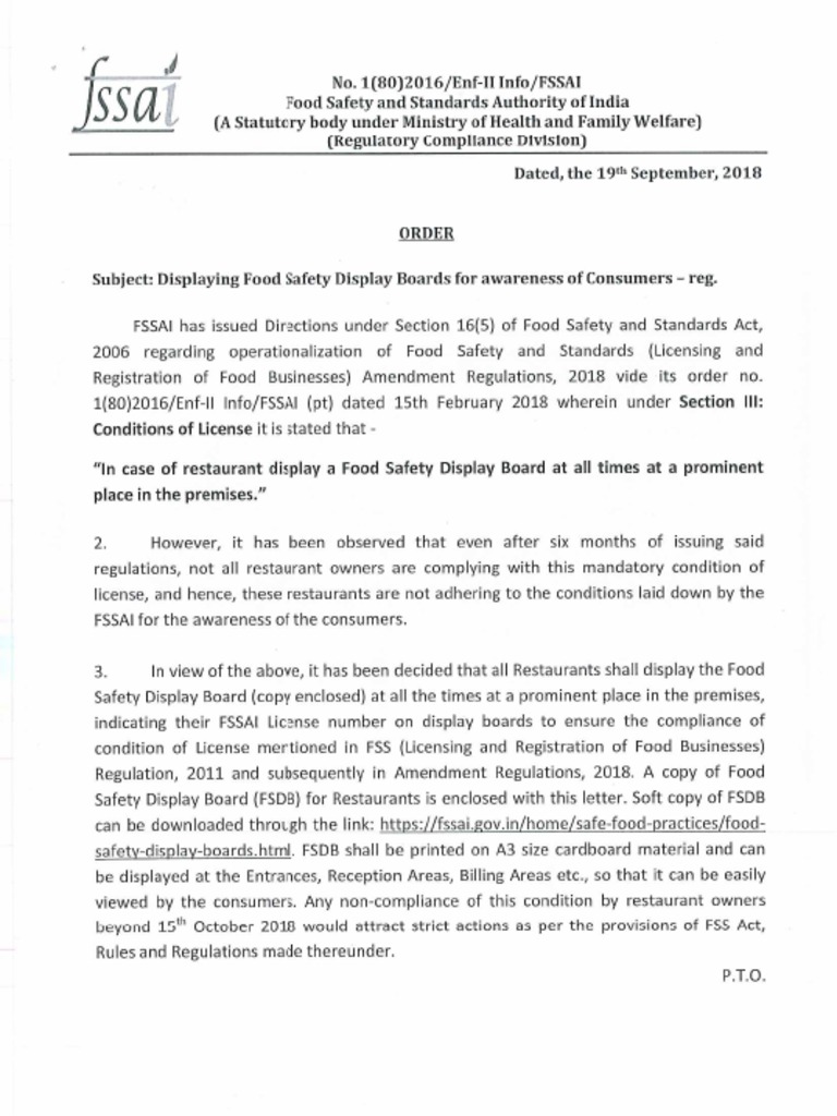 Order Food Safety Display Board 20 09 2018 | PDF