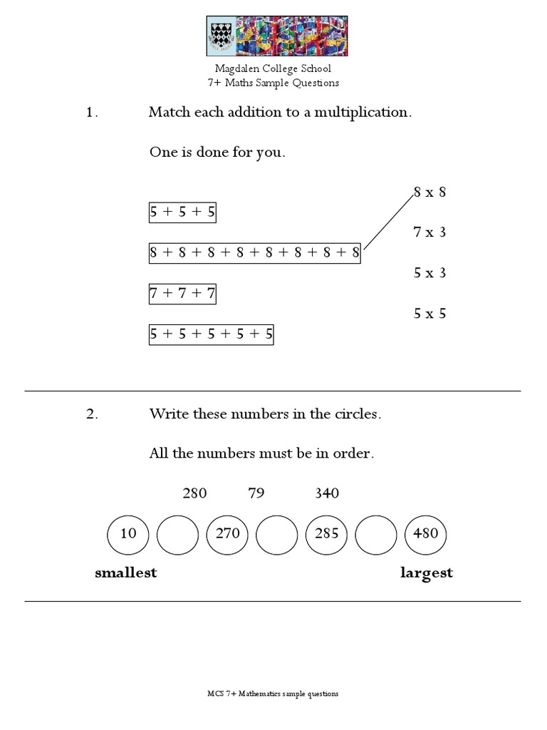 7+ Maths Sample Questions for MCS | PDF