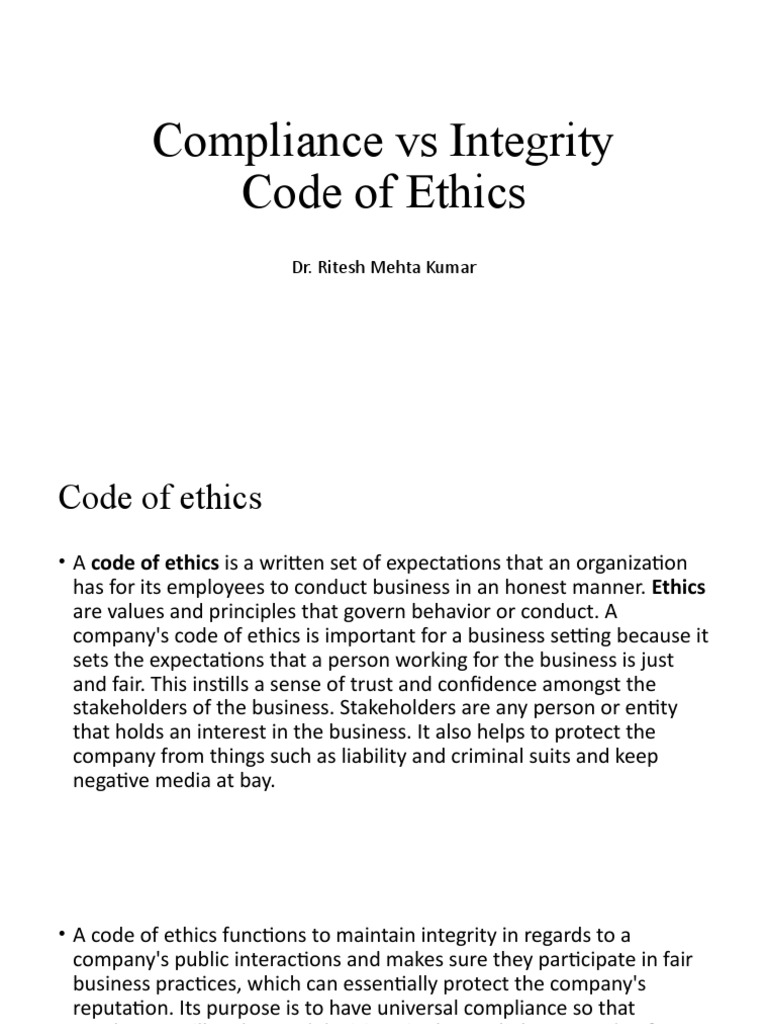 Compliance Vs Integrity Code of Ethics | PDF | Business Ethics | Integrity